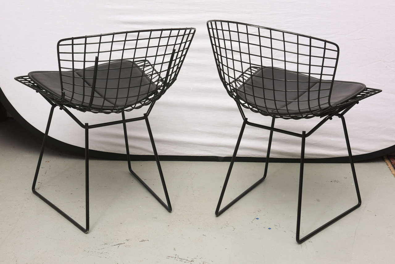 Bertoia Wire Chairs with Black Leather Knoll Cushions, 1960s, USA at ...
