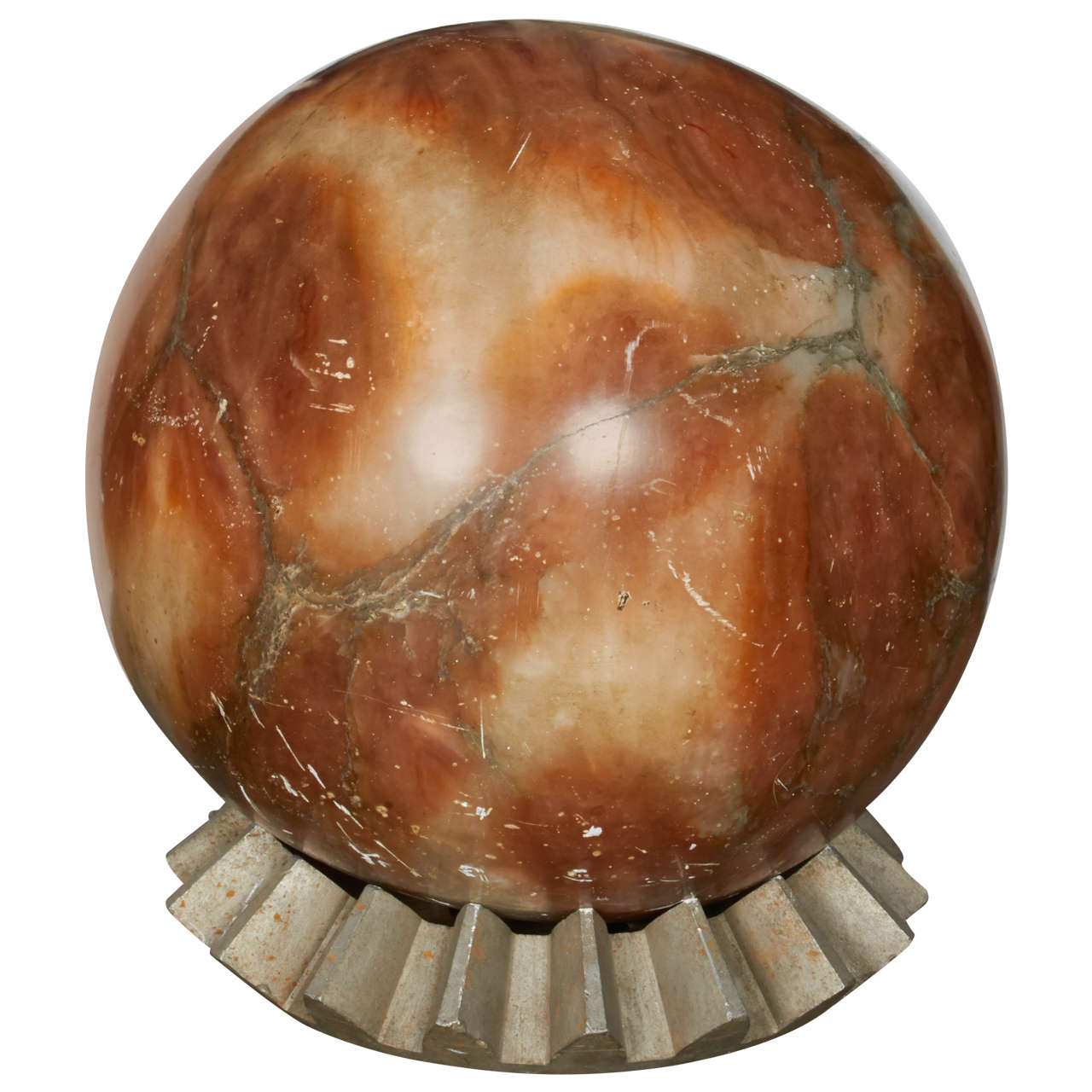 Large Alabaster Ball on Industrial Metal Base at 1stDibs