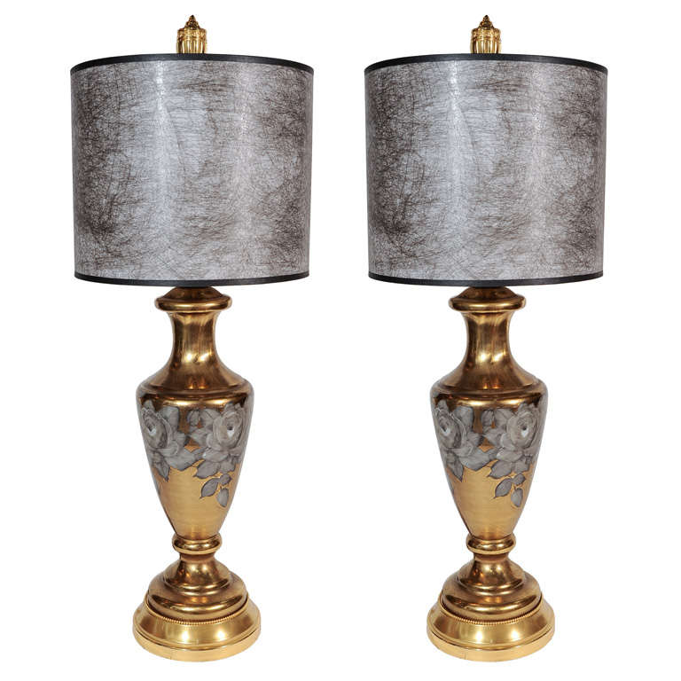 Pair of Floral Motif Gilt Porcelain Lamps by Marbro at 1stDibs