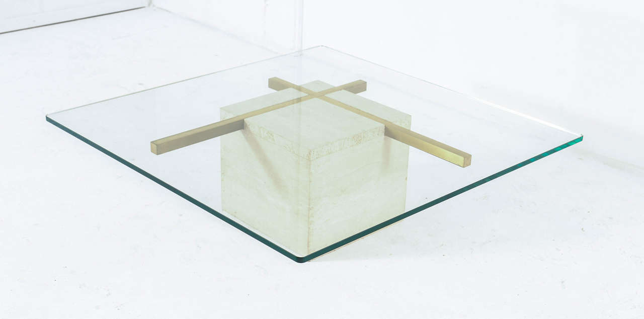 Coffee Table with Travertine Gold-Plated Cross Base and Glass Top at ...
