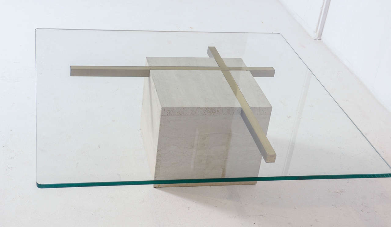 Coffee Table with Travertine Gold-Plated Cross Base and Glass Top at ...