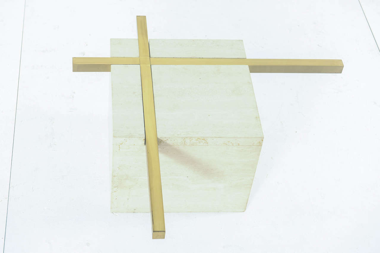 Coffee Table with Travertine Gold-Plated Cross Base and Glass Top at ...