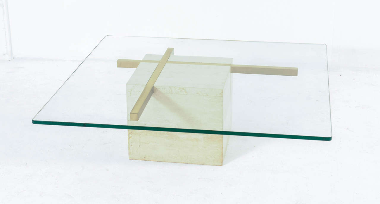 Coffee Table with Travertine Gold-Plated Cross Base and Glass Top at ...