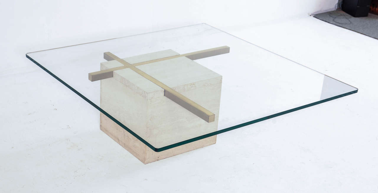 Coffee Table with Travertine Gold-Plated Cross Base and Glass Top at ...