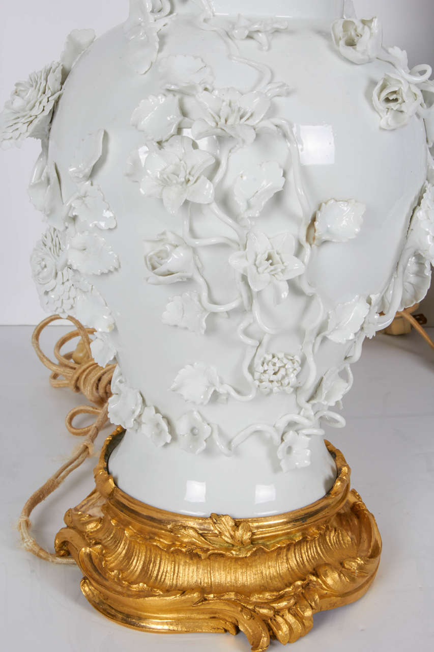 Pair of Antique Blanc de Chine Porcelain Lamps with Raised Flowers at ...