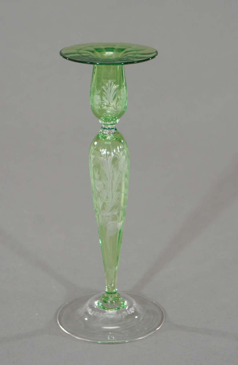 Steuben Pair of Handblown, Pomona Green Crystal Candlesticks For Sale ...