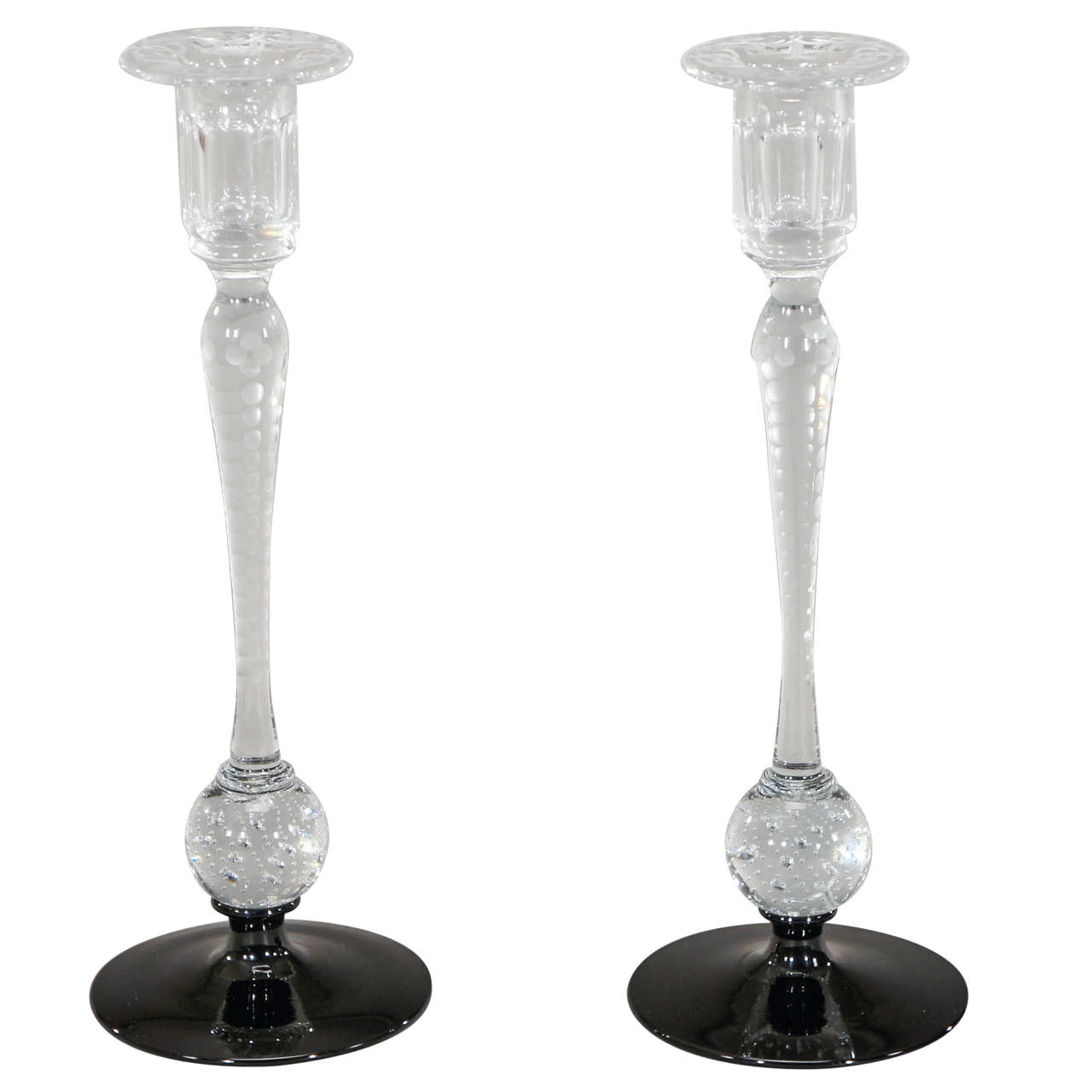 Pair of Moser Hand Blown Crystal Candlesticks with Enamel and Gilt ...