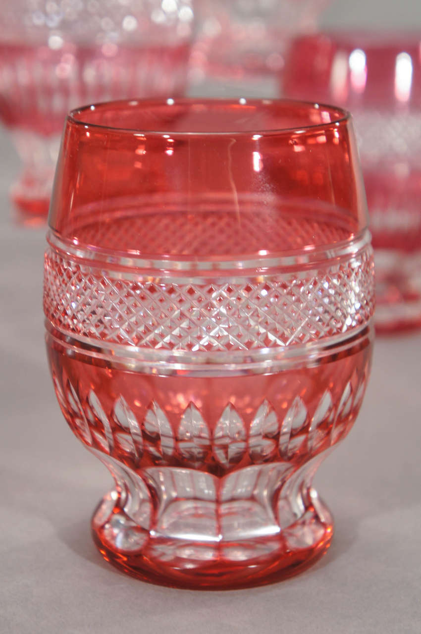 Set of 12 Bohemian, Handblown Crystal Cranberry Overlay CutTo Clear ...
