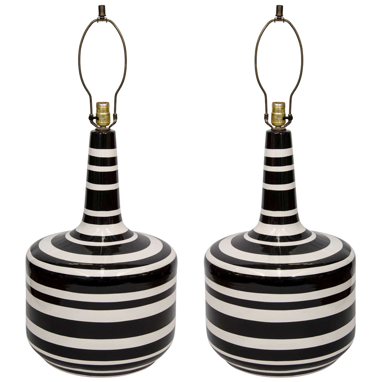 A Large Mid Century Pair of Striped Italian Glazed Ceramic Lamps at ...