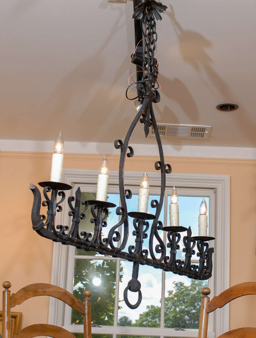 French 1940s, Wrought Iron Five-Light Linear Chandelier with Scrolled ...