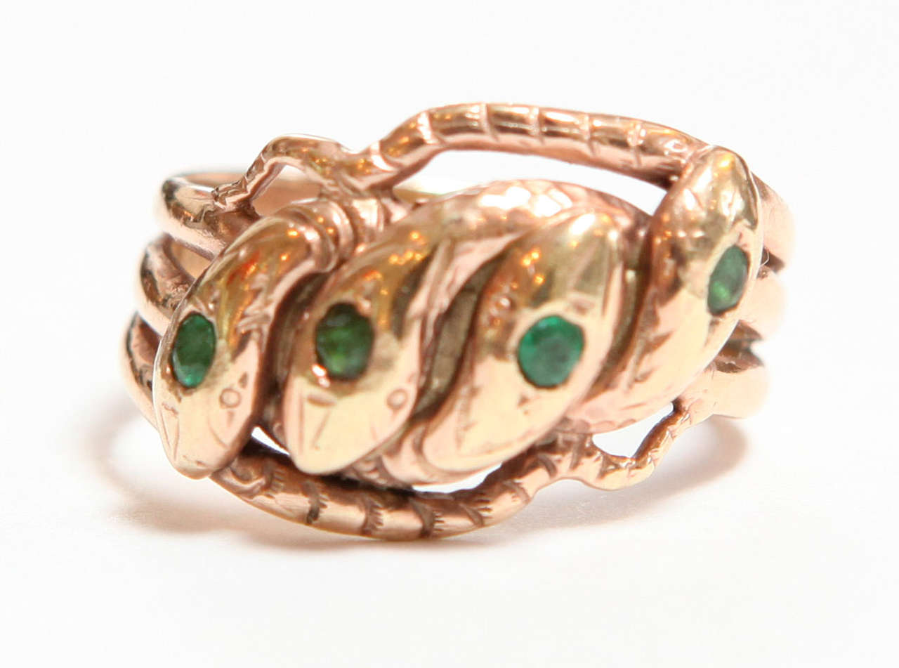 Unusual 14k Four Headed Snake Ring with Emeralds at 1stdibs