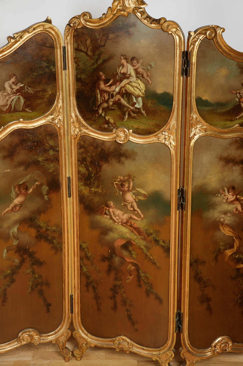 Rococo Style Parcel-Gilt and Painted Three-Fold Screen For Sale at 1stDibs
