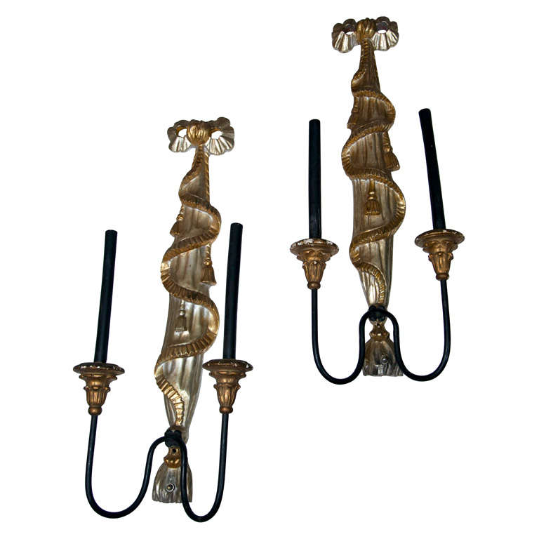 Pair of Dorothy Draper Style Plaster Palm Tree Form Wall Mount Torchere ...