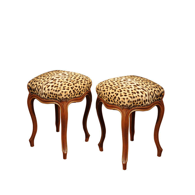 Pair of Louis XV Style "Leopard" Upholstered Mahogany Stools at 1stDibs