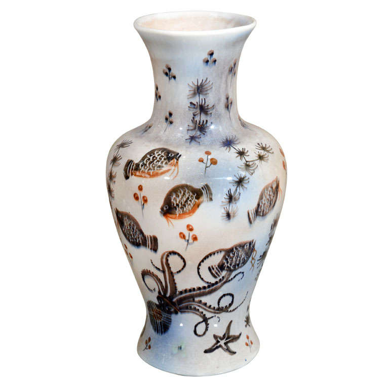 Underwater Sea Life Hand Painted Ceramic Vase For Sale at 1stdibs