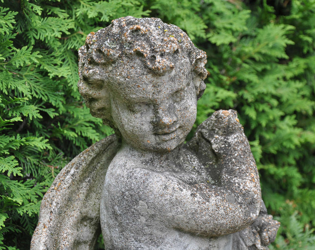 French Cast Stone Cherub Statue on Pedestal, Early 20th Century at 1stDibs