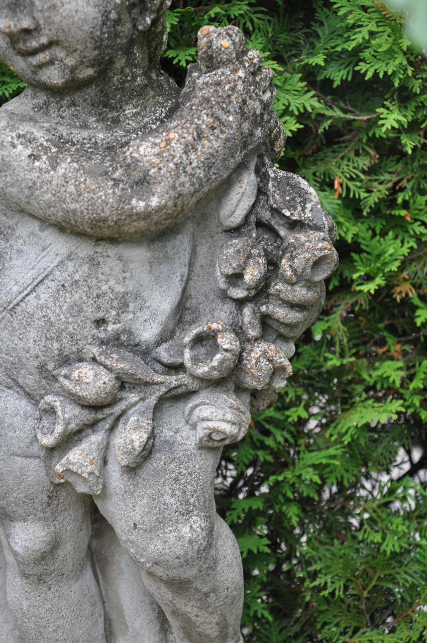 French Cast Stone Cherub Statue on Pedestal, Early 20th Century at 1stDibs