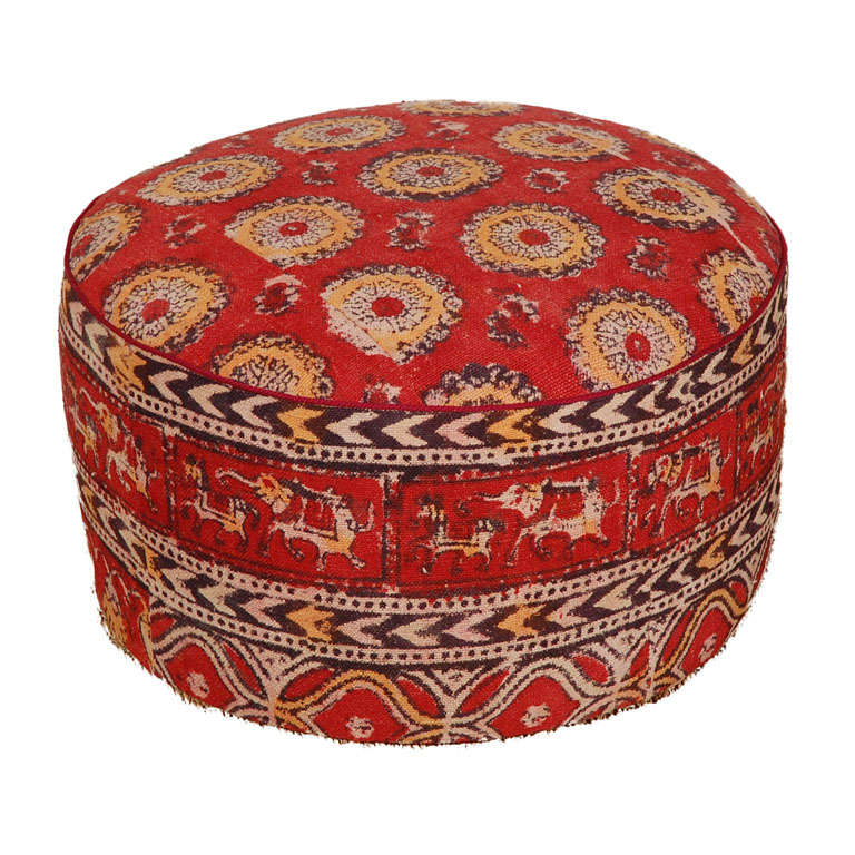 Vintage Indian Kalamkari Textile Upholstered Hassock at 1stDibs