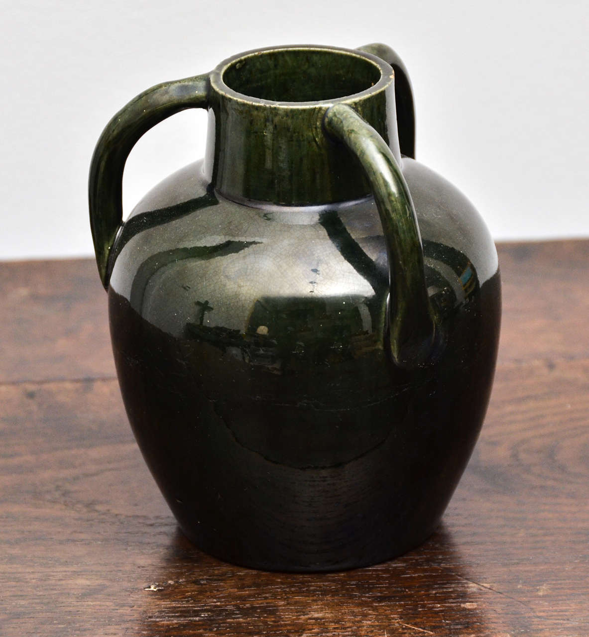 Dark Green Ceramic Vessel with Three Handles For Sale at 1stDibs