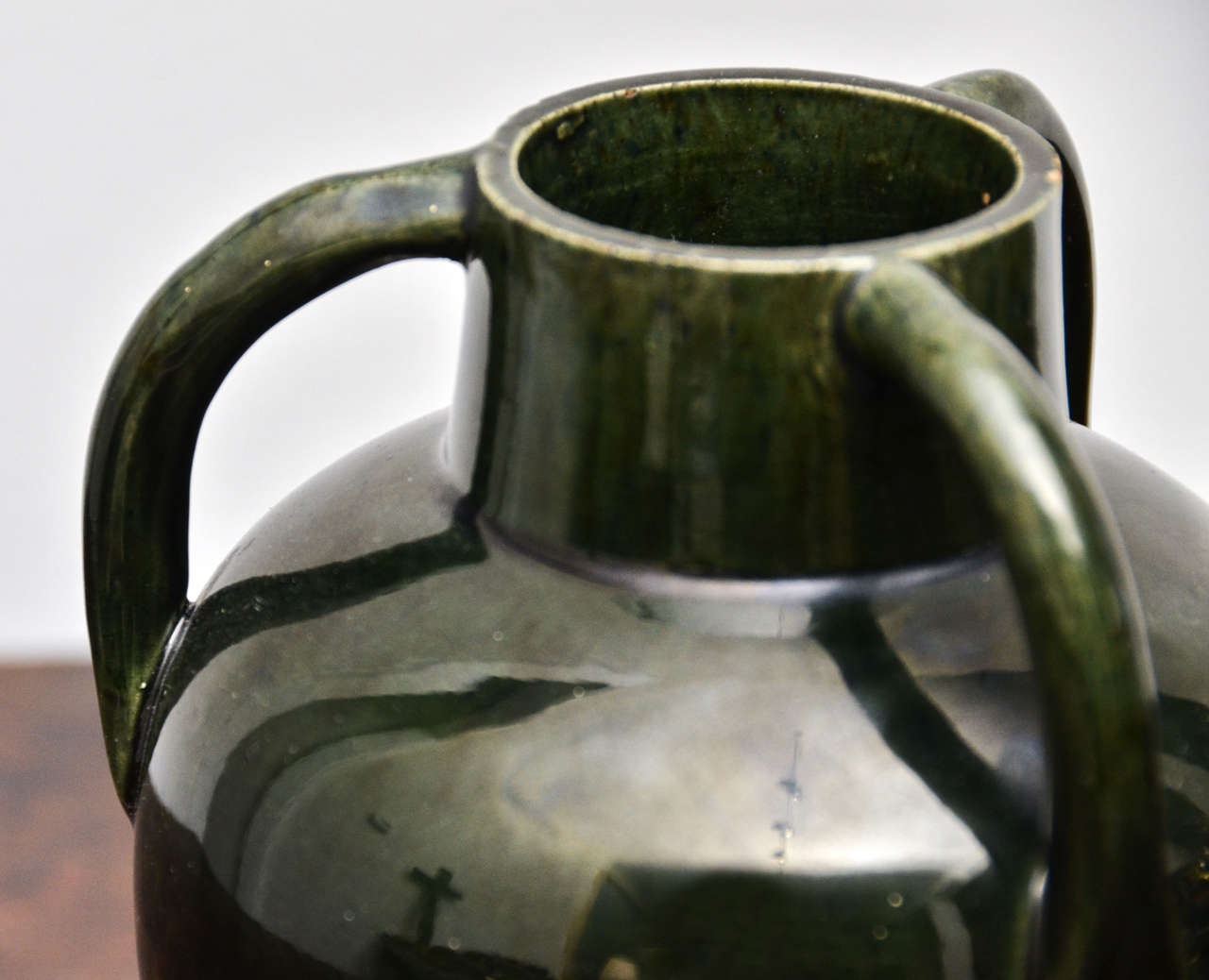 Dark Green Ceramic Vessel with Three Handles For Sale at 1stDibs