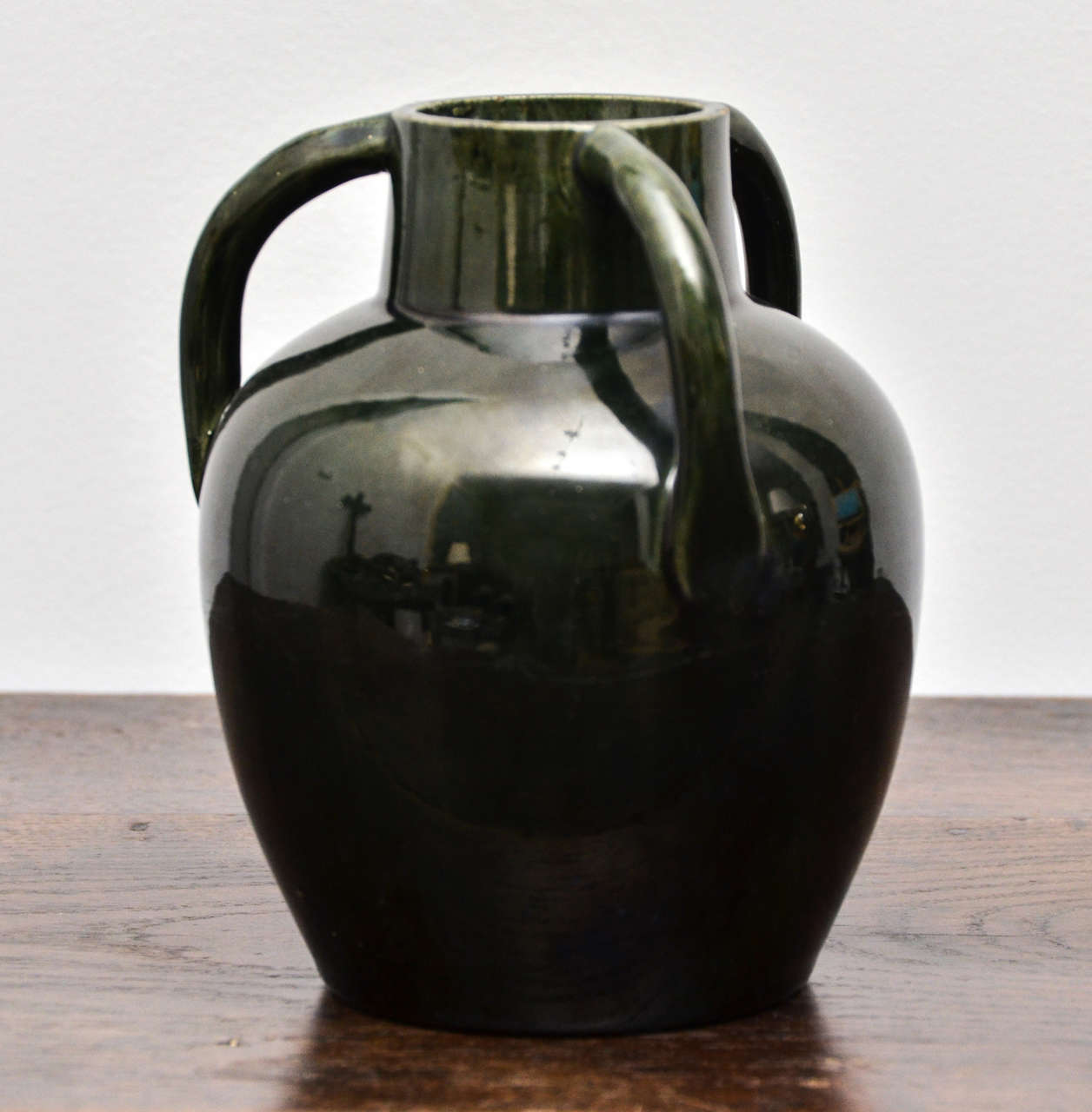 Dark Green Ceramic Vessel with Three Handles For Sale at 1stDibs