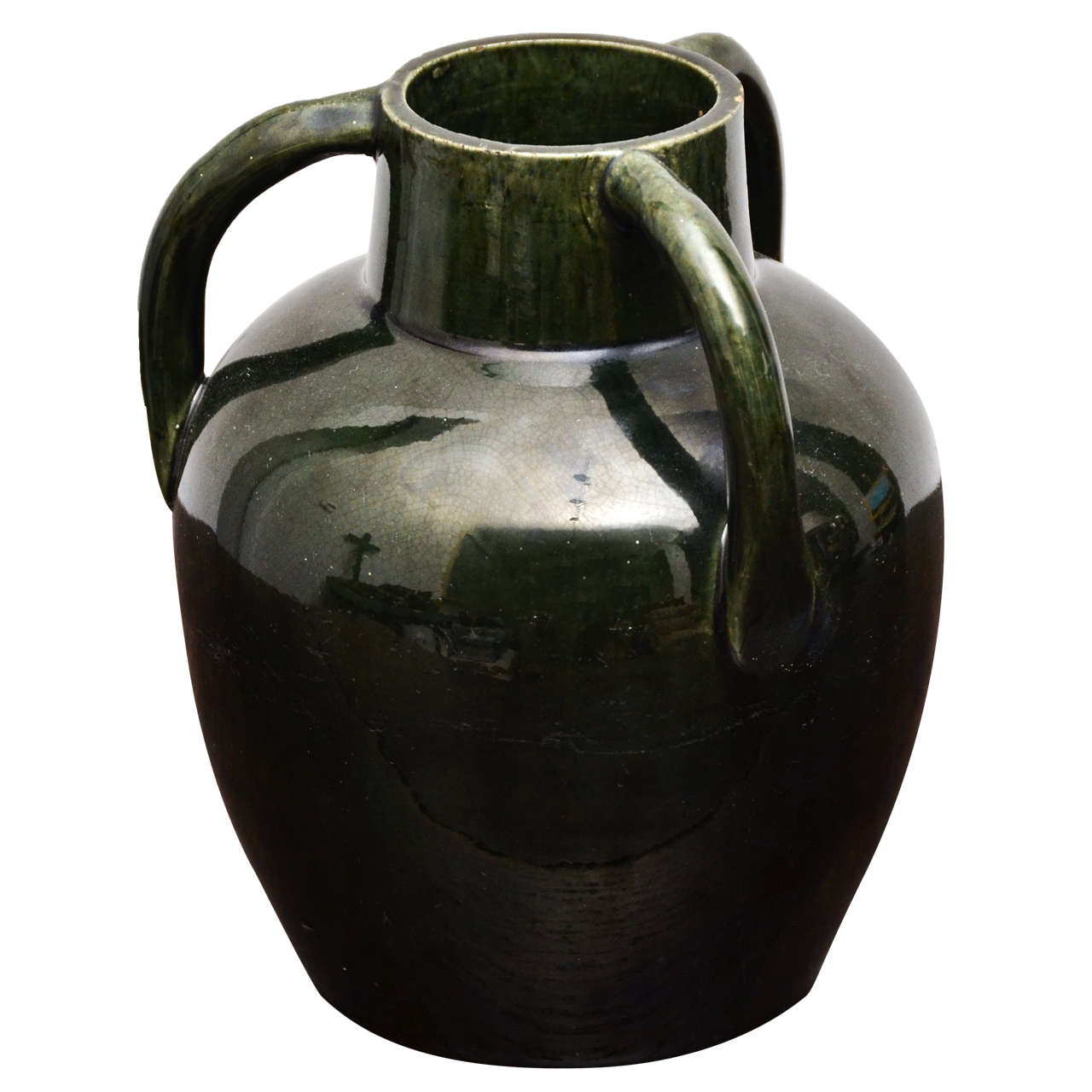 Dark Green Ceramic Vessel with Three Handles For Sale at 1stDibs