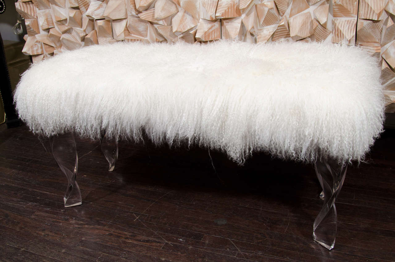 Custom Mongolian Fur Bench with Twisted Lucite Legs For Sale at 1stDibs