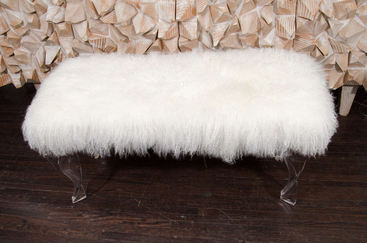 Custom Mongolian Fur Bench with Twisted Lucite Legs For Sale at 1stDibs