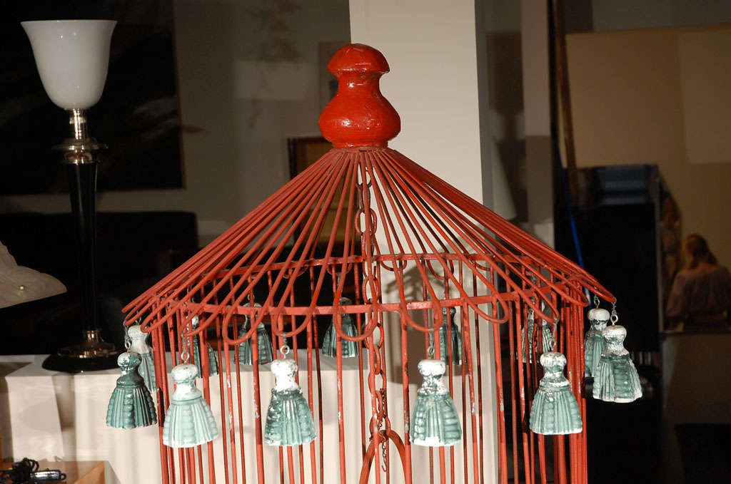 Tony Duquette Floor Bird Cage in Crimson Red with Plaster Tassels at 1stDibs
