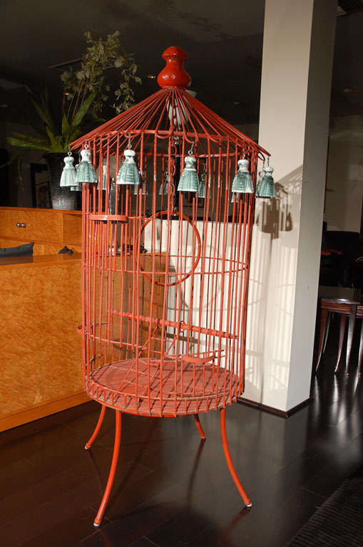 Tony Duquette Floor Bird Cage in Crimson Red with Plaster Tassels at 1stDibs