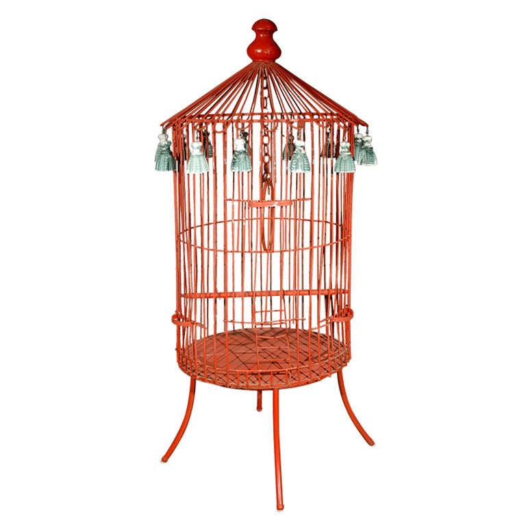 Tony Duquette Floor Bird Cage in Crimson Red with Plaster Tassels For Sale at 1stDibs