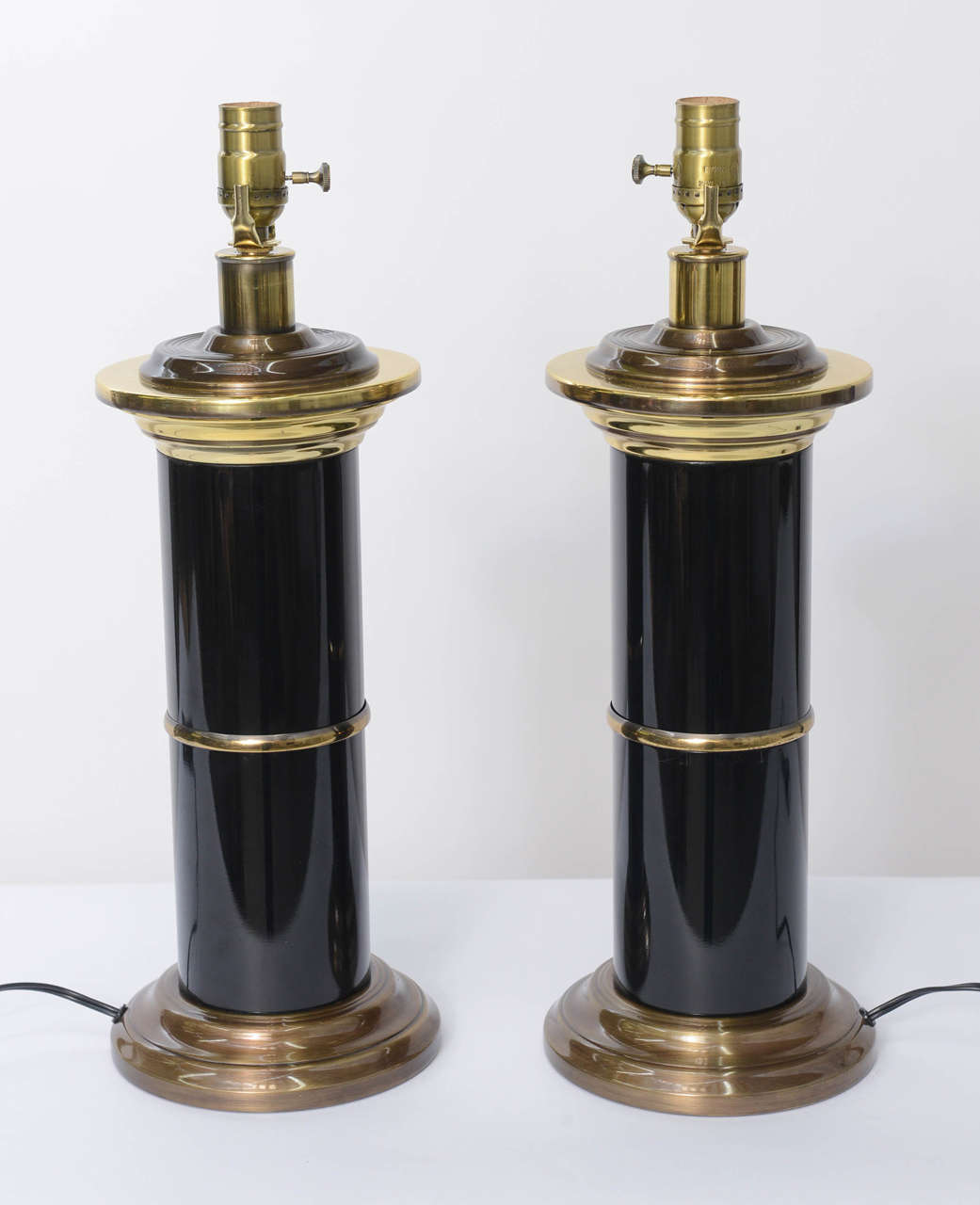 Sleek Modern Empire Style Brass and Black Lacquer Columnar Table Lamps ...