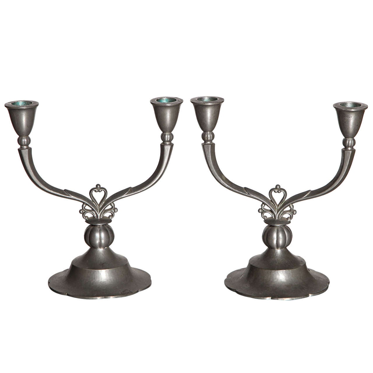 Pair of Just Andersen Crested Double Arm Pewter Candlesticks, 1929 For ...