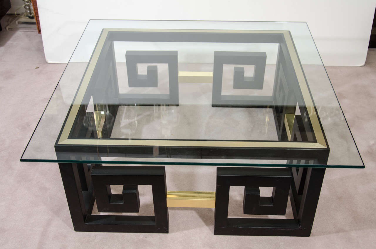 Mid Century Greek Key Coffee Table with Brass Accents at 1stDibs