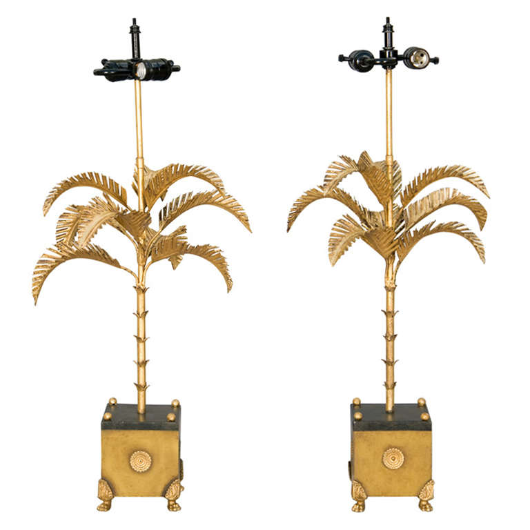Pair of Painted and Gilded Tole Palm Tree Lamps at 1stDibs