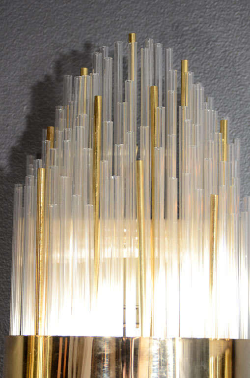 Modernist Glass Rod and Brass Banded Skyscraper Style Sconce at 1stDibs