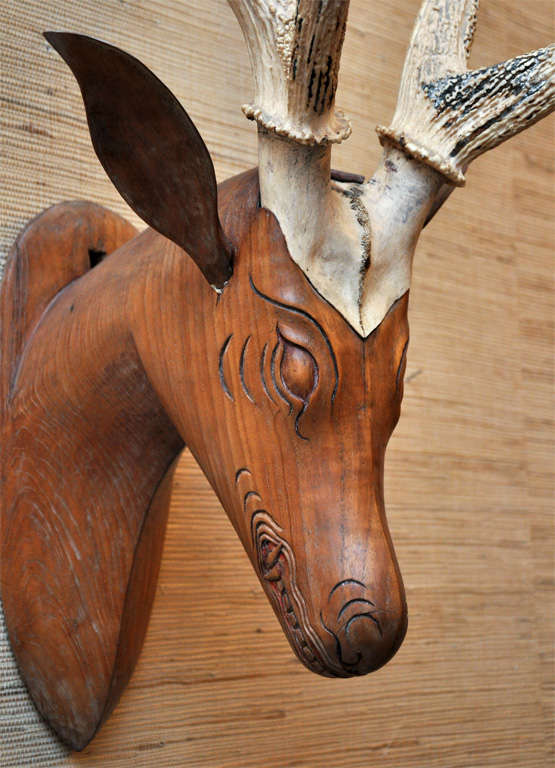 Carved Wood Deer Head Mount with Real Antlers at 1stDibs | antlers ...