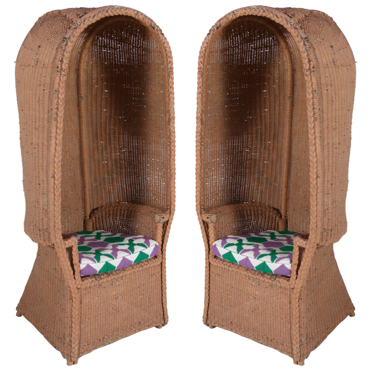 Pair of Wicker Hooded Chairs with African Fabric at 1stDibs