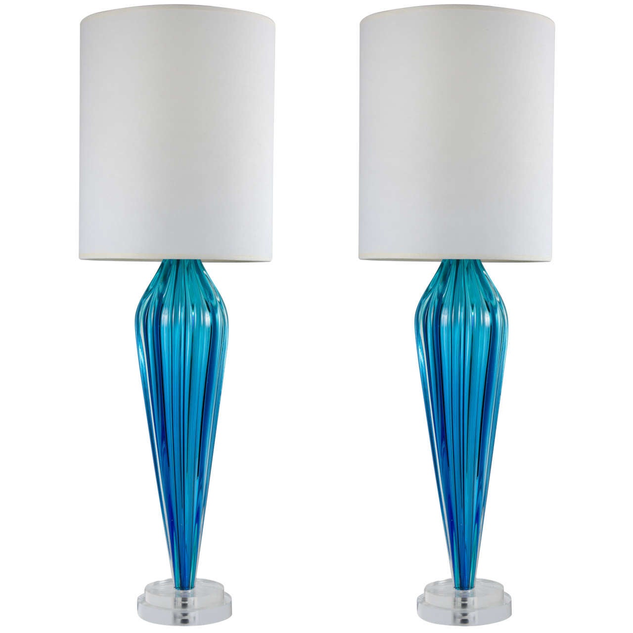 Pair of Tapering, Brilliant Blue Murano Glass Lamps by Seguso at 1stDibs