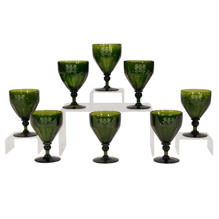 Set of 8 Steuben Spanish Green Crystal Water Goblets Armorial at 1stDibs
