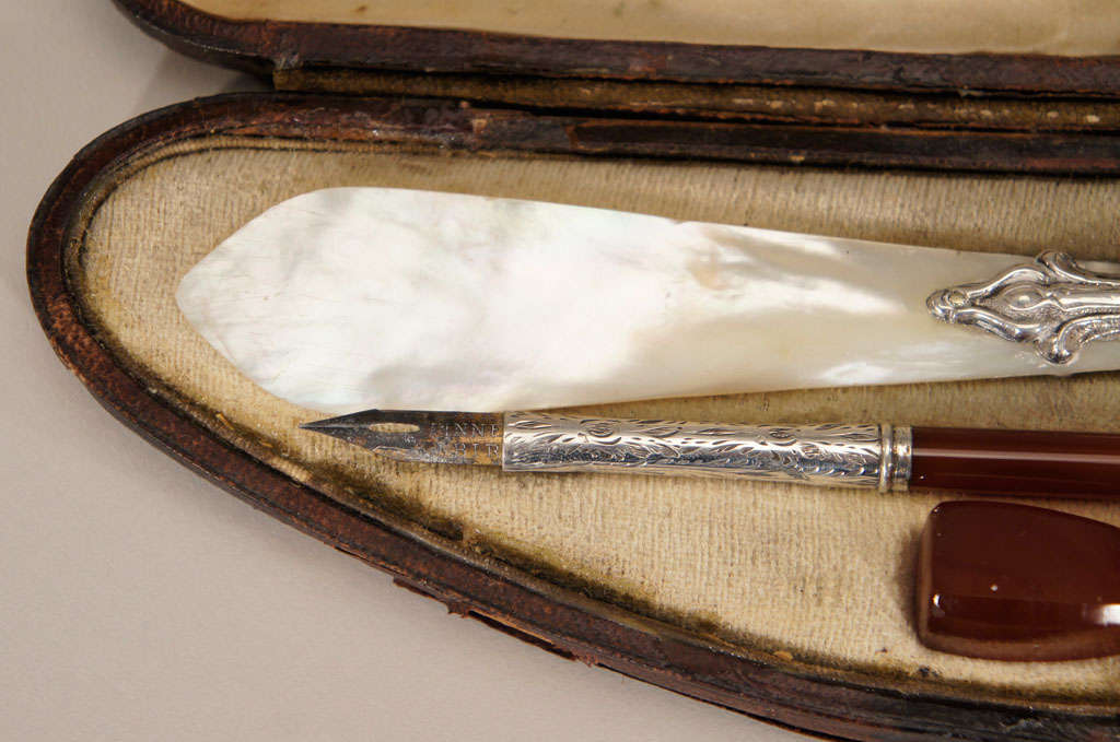 Set of Desk and Writing Instruments in Fitted Leather Box, 19th Century ...