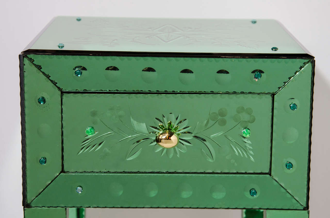 Pair of Emerald Venetian Mirrored End Tables with Reverse Etched ...