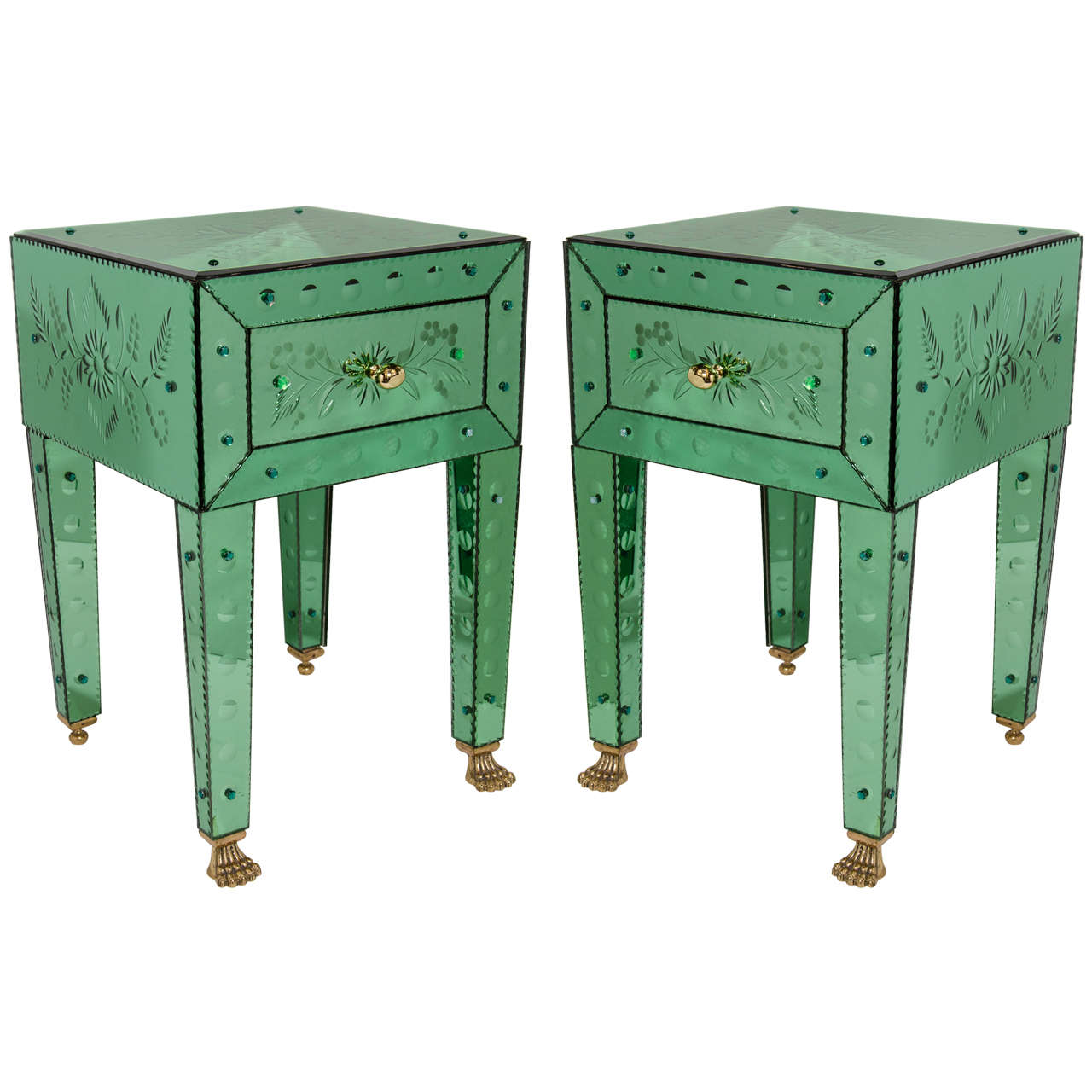 Pair of Emerald Venetian Mirrored End Tables with Reverse Etched ...