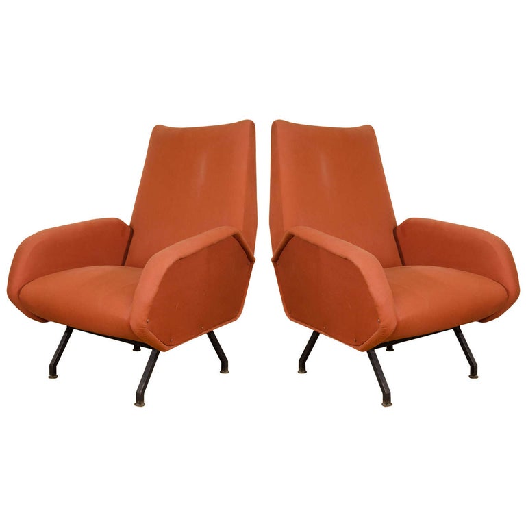 Midcentury Pair of Italian Rust Colored Lounge Chairs For Sale at 1stDibs