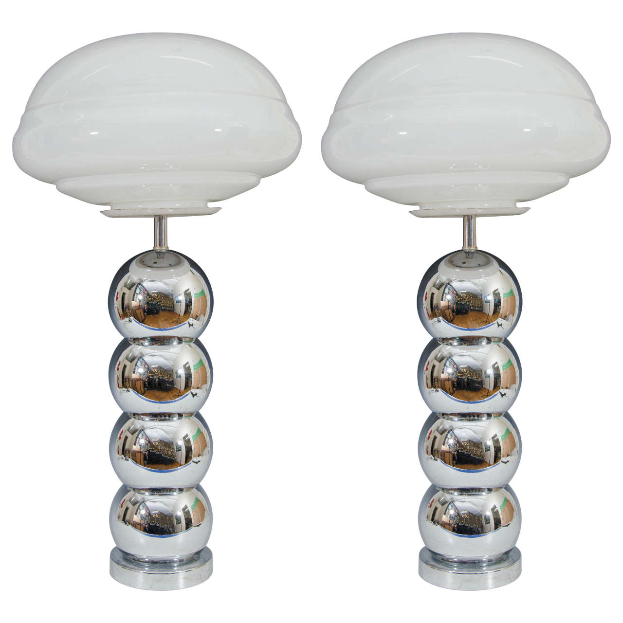 Midcentury Chrome Stacked Table Lamps with Large Frosted Glass Shades ...