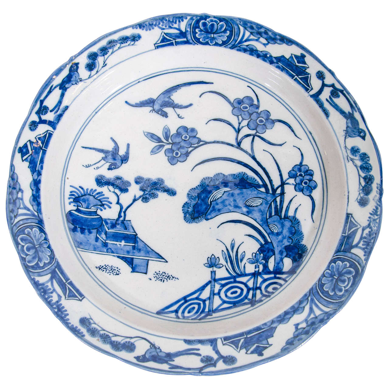 18th Century Dutch Delft Blue and White Charger with Birds in Flight at ...