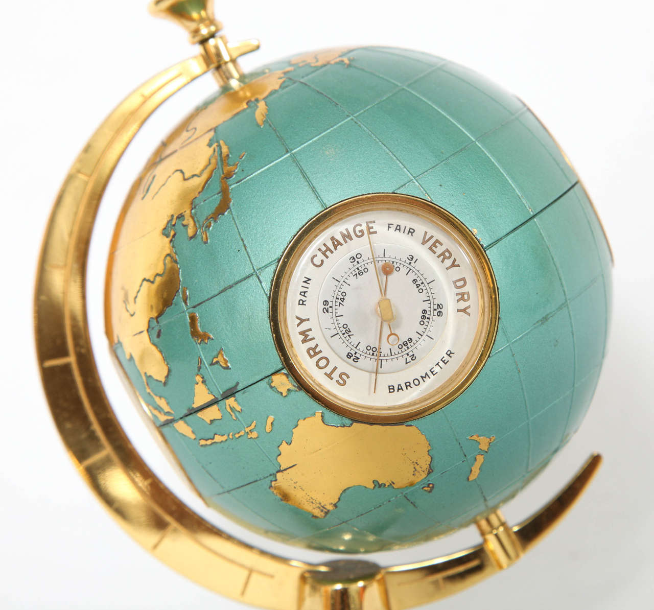 Enamelled Bulova Globe Barometer and Desk Clock on Stand at 1stDibs