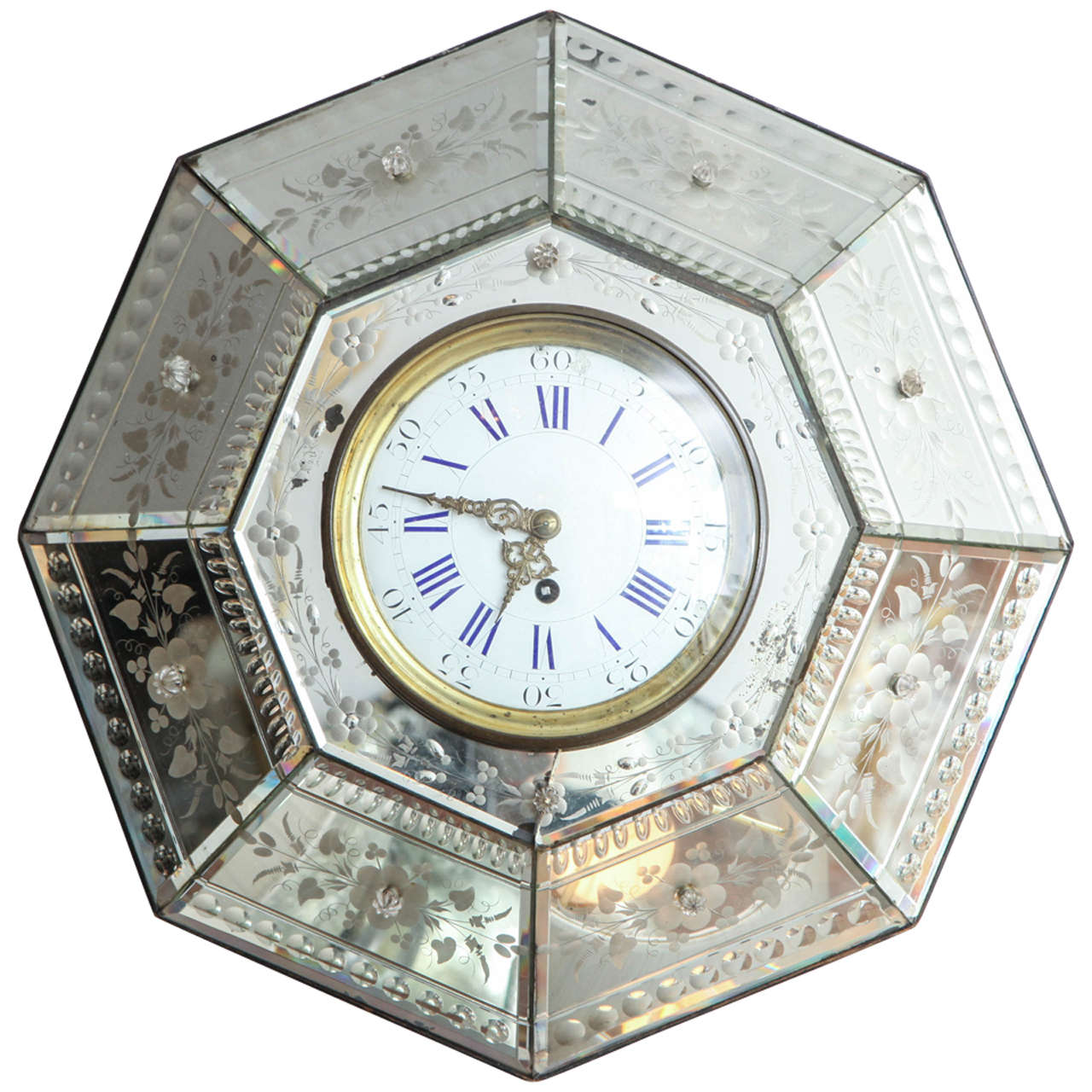 Mirrored Hexagonal Bevelled Floral Etched Clock at 1stDibs