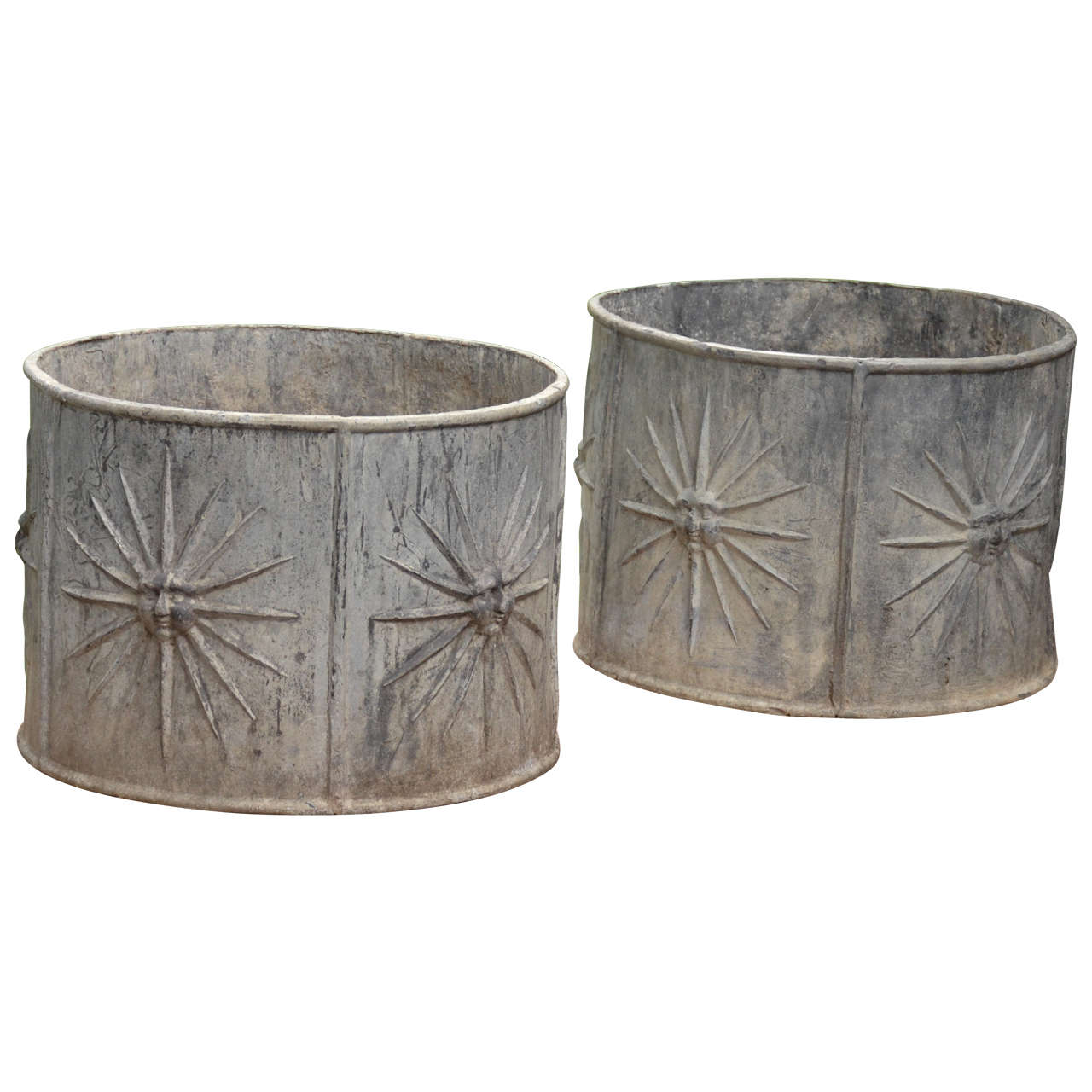 Pair of English Circular Lead Planters with Sunburst Motif at 1stDibs