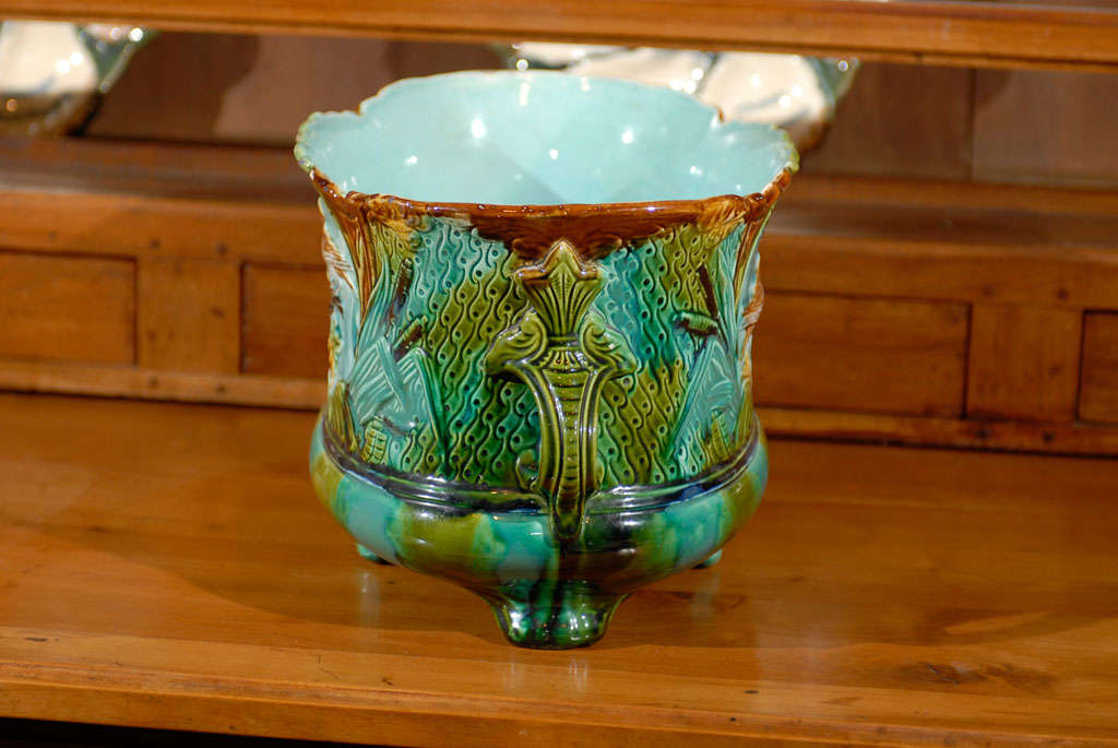 French 1920s Majolica Two-Handled Cachepot with Birds and Dragonfly ...